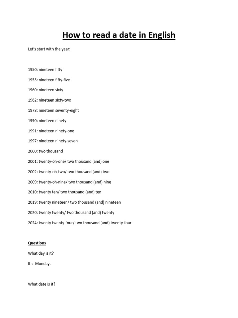 Reading Dates in English: A Guide | PDF