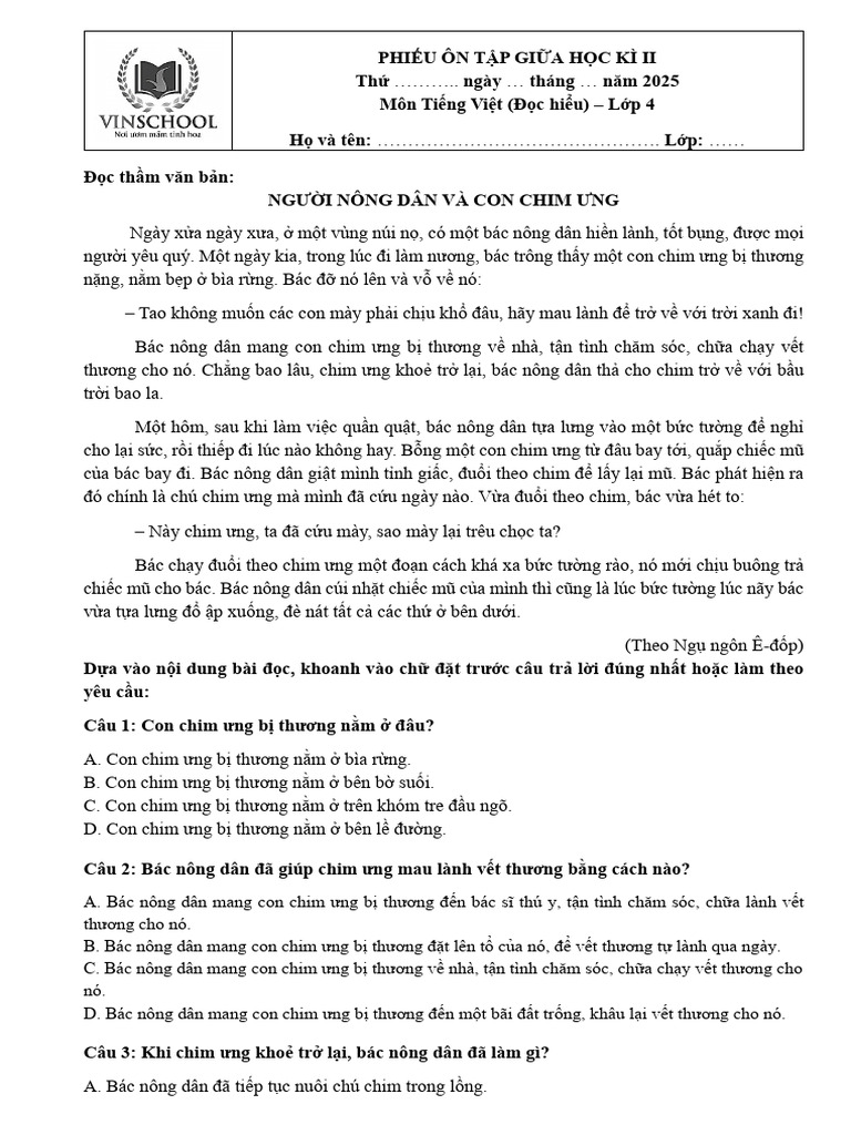 On Tap GHKII - Tieng Viet - Doc Hieu - de 2 | PDF