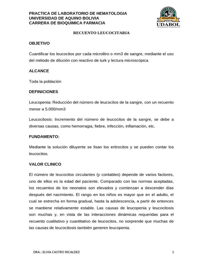 Practica # 6 Recuento Leucocitaria | PDF | Leucocito | Sangre