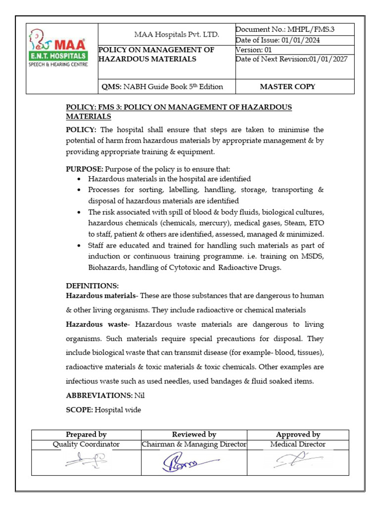 Hazardous Materials Management Policy | PDF | Chemotherapy | Waste