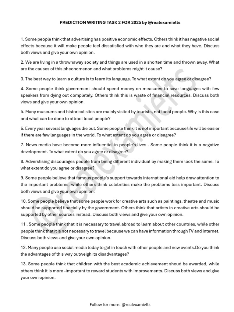 PREDICTION WRITING TASK 2 FOR 2025 (@realexamielts) | PDF