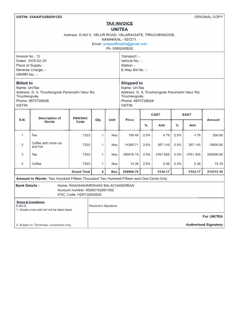 UniTea Sample Bill | PDF