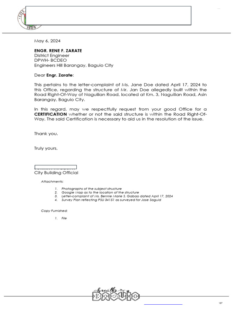 RROW National Road Request For Certification Sample | PDF
