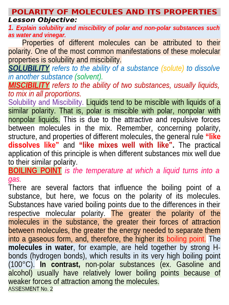 Worksheet in Polarity & Imfa | PDF | Chemical Polarity | Intermolecular ...