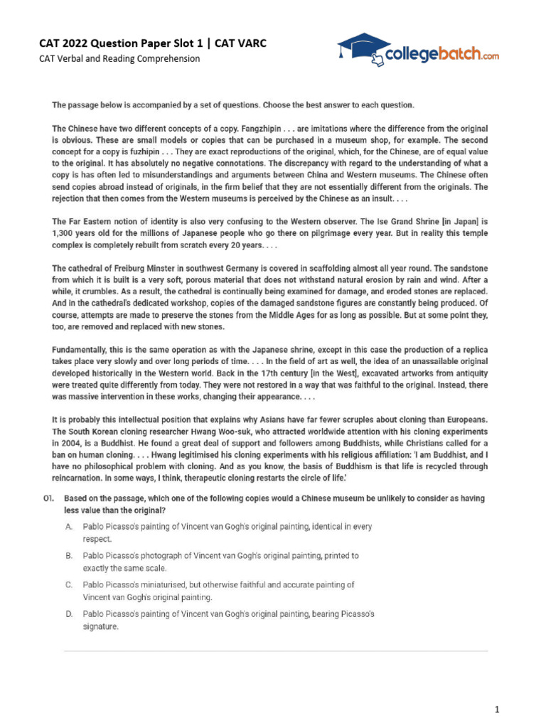 CAT 2022 VARC Slot 1 Question Paper | PDF