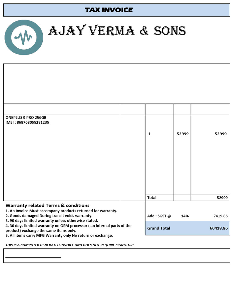 Oneplus 9PR0 Invoicve | PDF