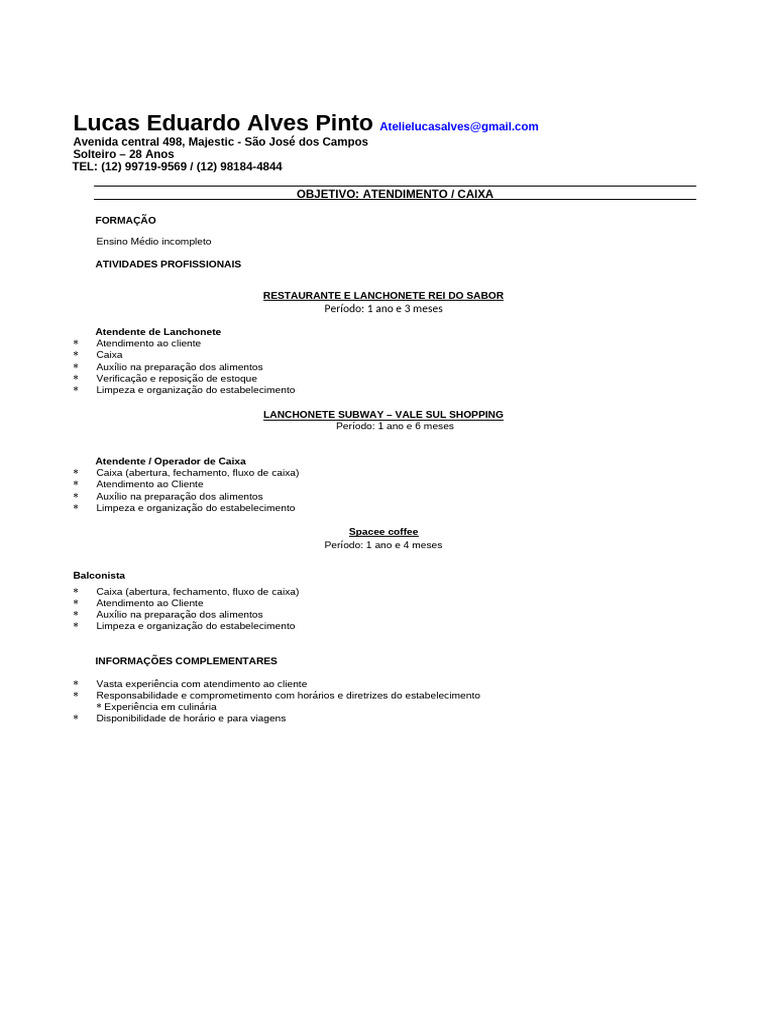 Currículo de Lucas Alves - Atendimento e Caixa | PDF