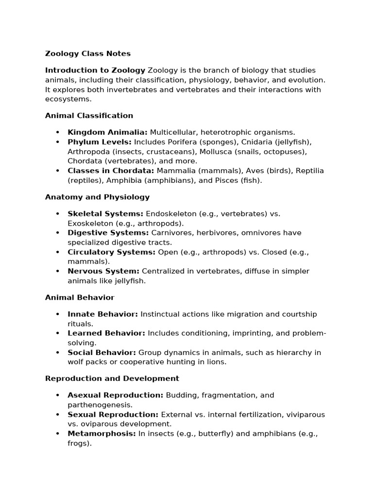 Zoology Class Notes Overview | PDF | Zoology | Biology