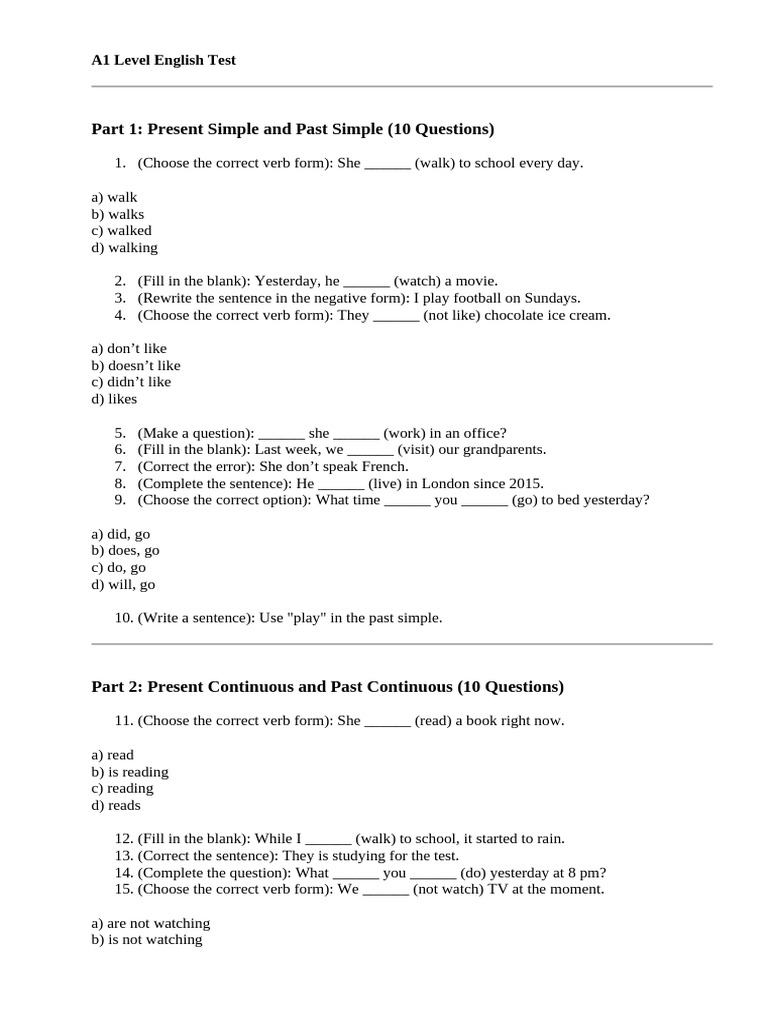 A1 Level English Test | PDF | Linguistics | Syntax