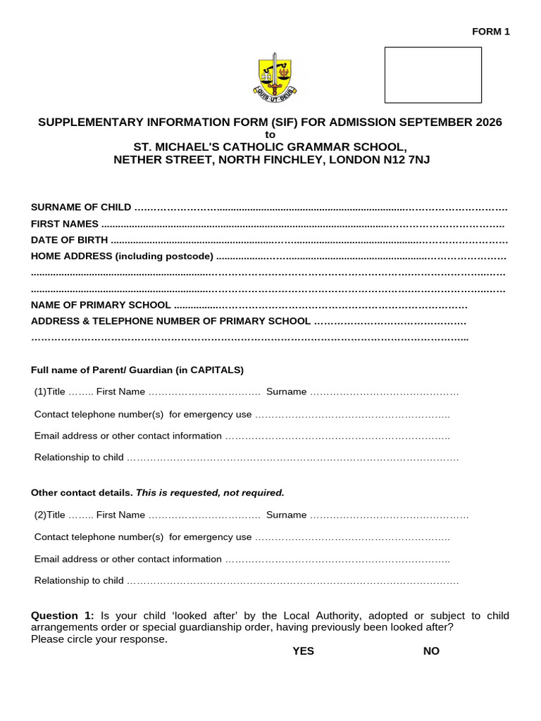 ST Michaels Supplementary Information Form 2026 27 2 | PDF