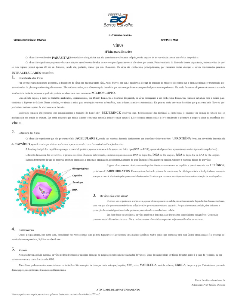 Estudo sobre Vírus e Viroses em Biologia | PDF | Vírus | Célula (Biologia)