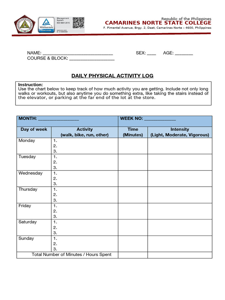 DAILY-PHYSICAL-ACTIVITY-LOG | PDF
