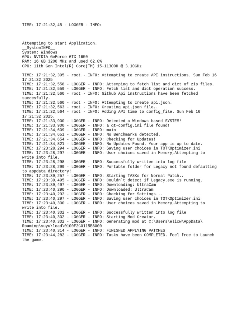 Application Log for TOTKOptimizer | PDF