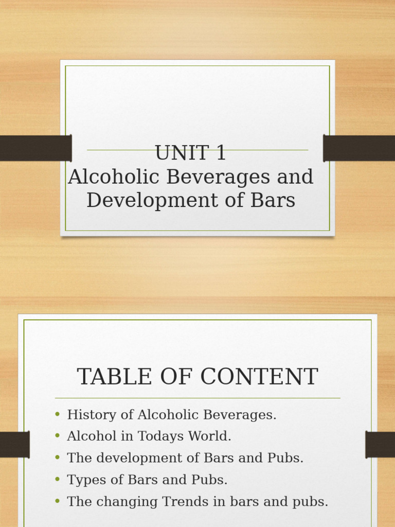 Unit 1 Alcoholic Beverages and Development of Bars | PDF | Alcoholic Beverages | Pub