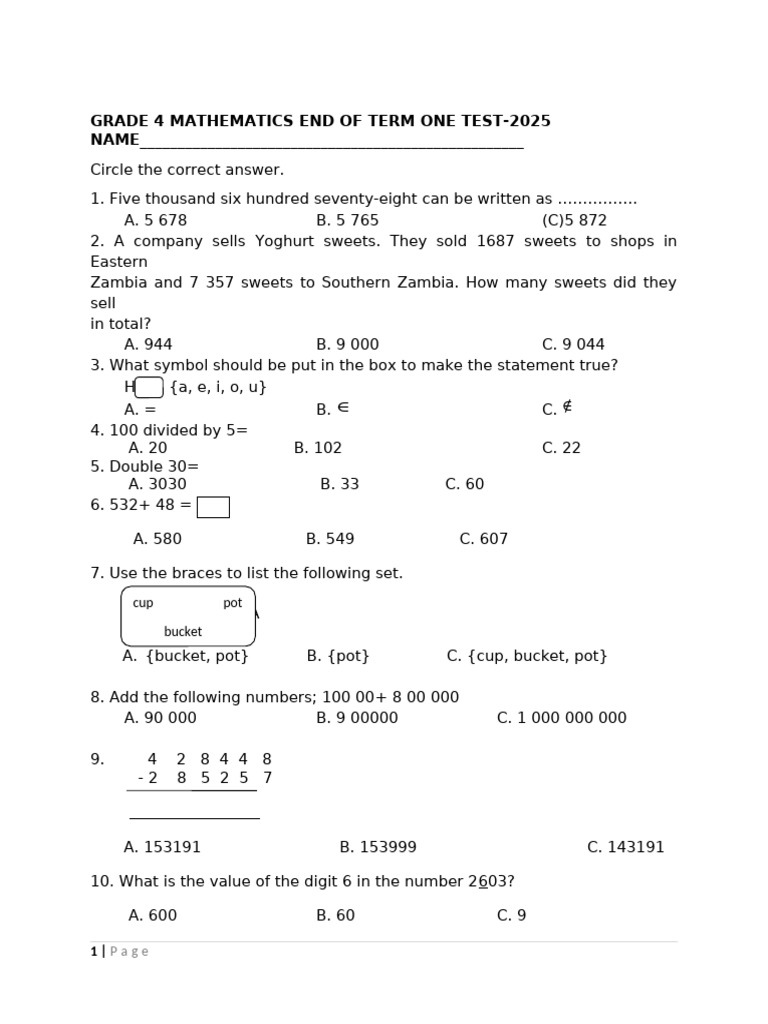 Grade 4 Maths Test - Term 1 2025 | PDF | Euclidean Geometry ...