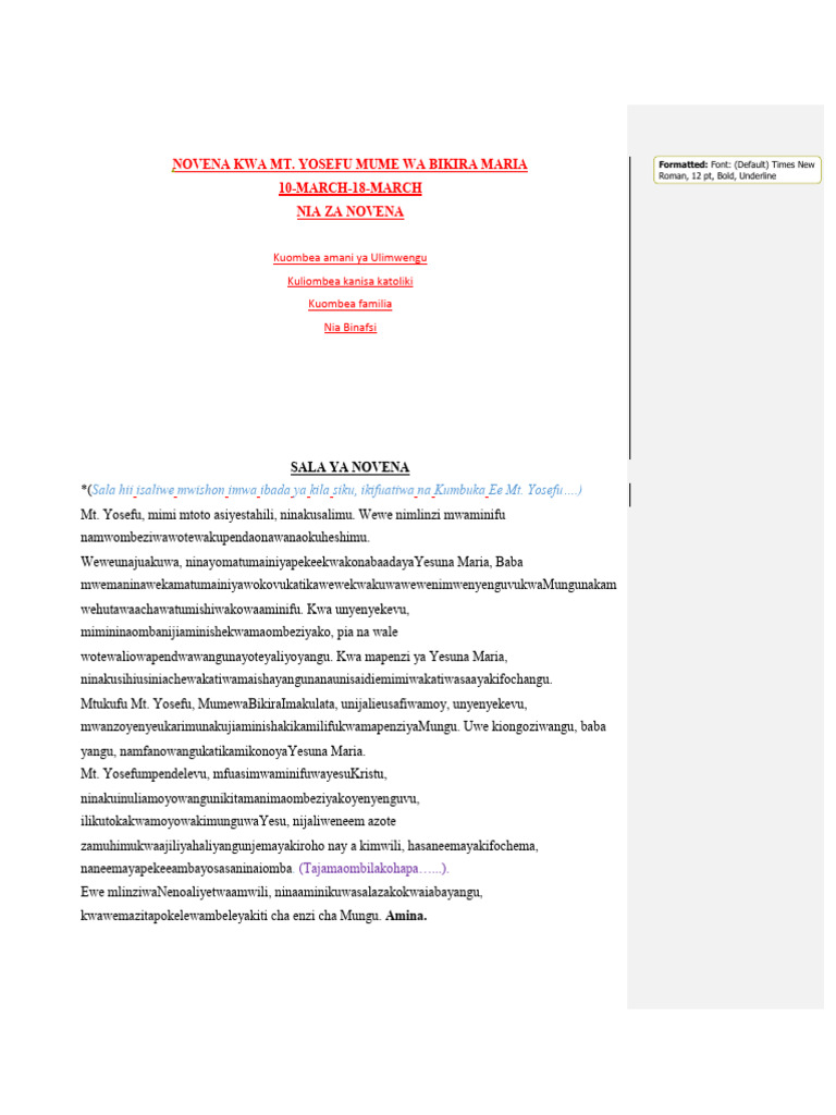Novena Kwa MT - Yosefu Mume Wa Bikira Maria | PDF