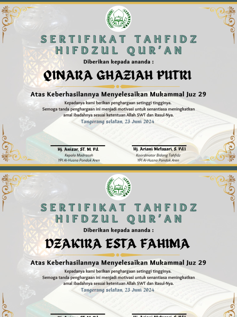Sertifikat Tahfidz Juz 29 dan 30 | PDF