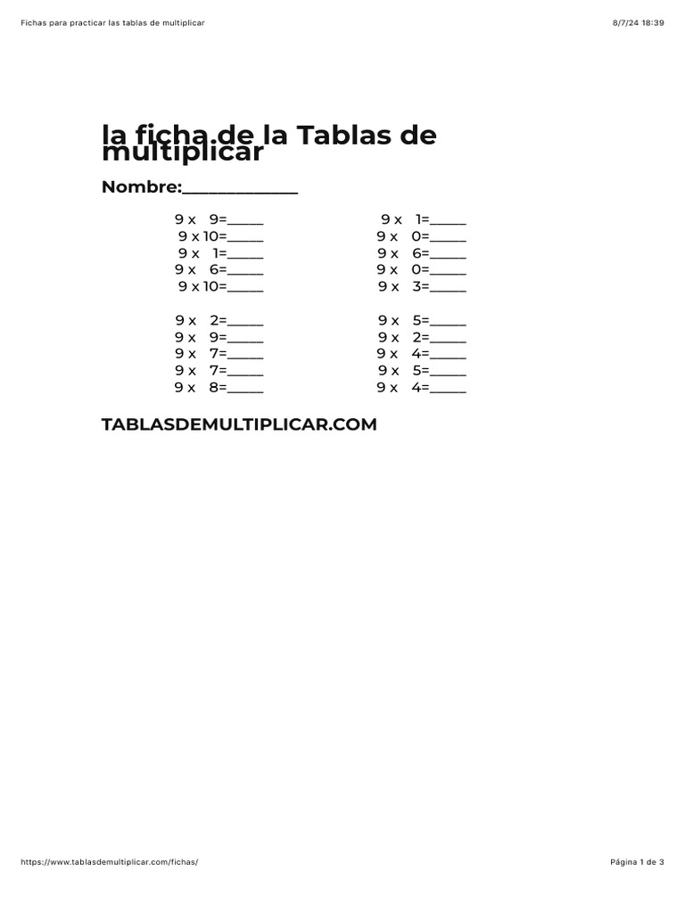 Fichas para la tabla del 9 en PDF | PDF