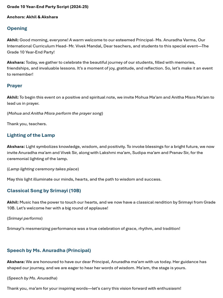 Grade 10 - End of Year Party Script | PDF