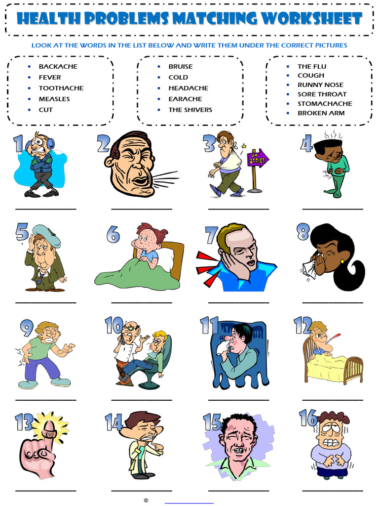 Health Problems Illnesses Sickness Ailments Injuries Matching Exercise ...
