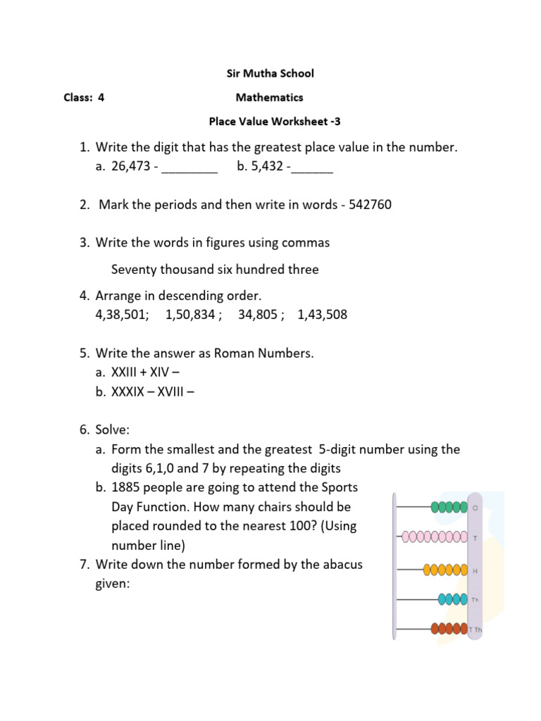 Place Value Worksheet for Grade 4 | PDF