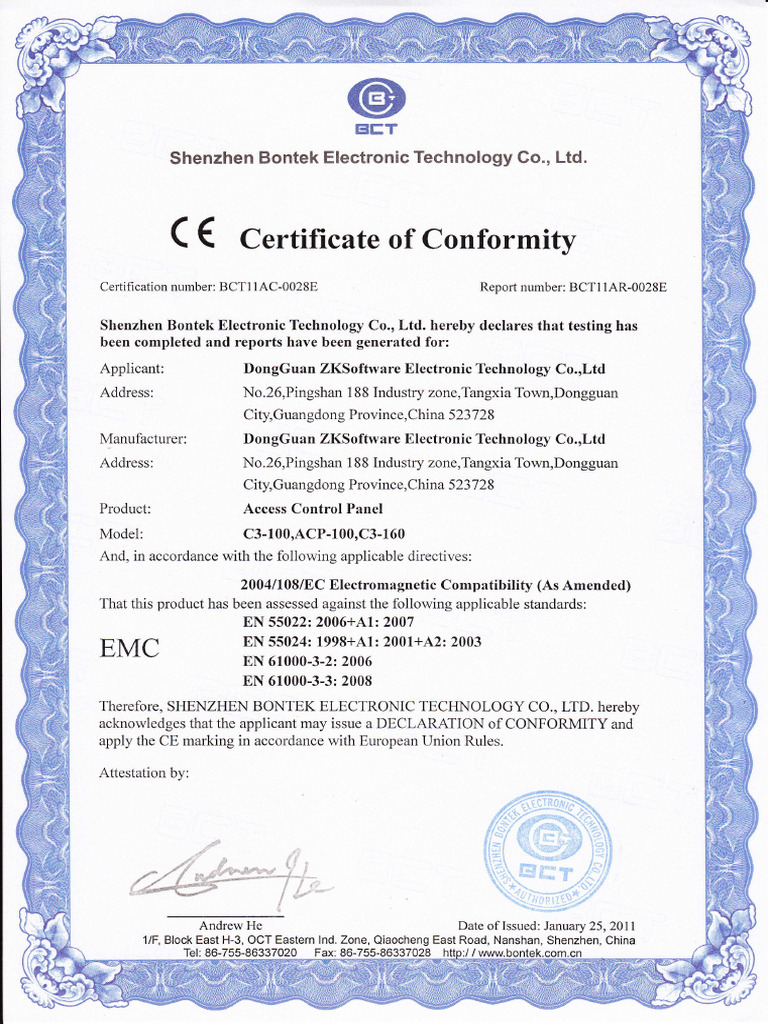 Certificat de Conformitate Centrala Control Acces IP ZKTeco CON-C3-100 ...
