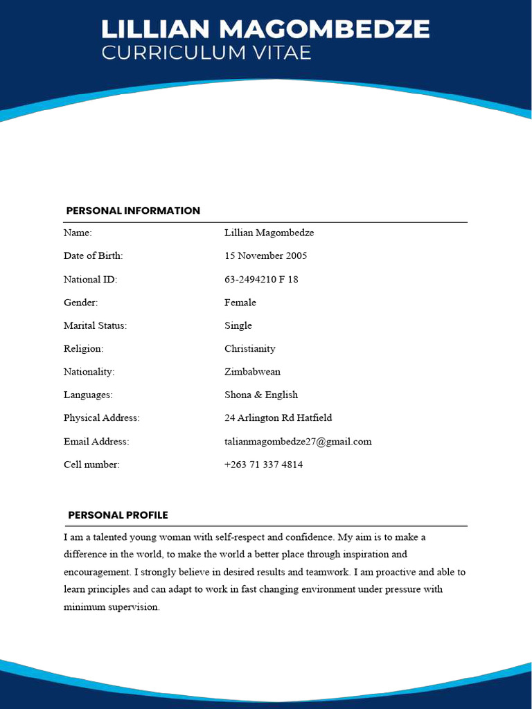 Lillian Magombedze: Personal Profile | PDF