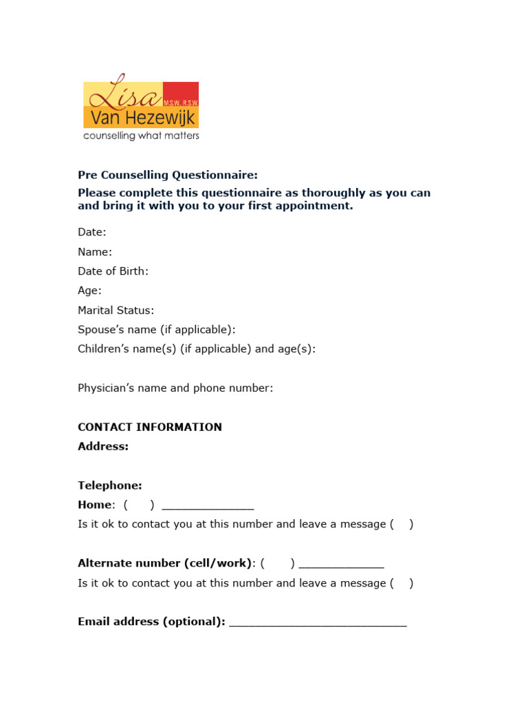 Pre Counselling Questionnaire | PDF