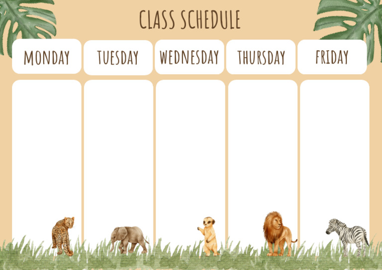 Education Animal Class Schedule in Brown Green Watercolor Style | PDF