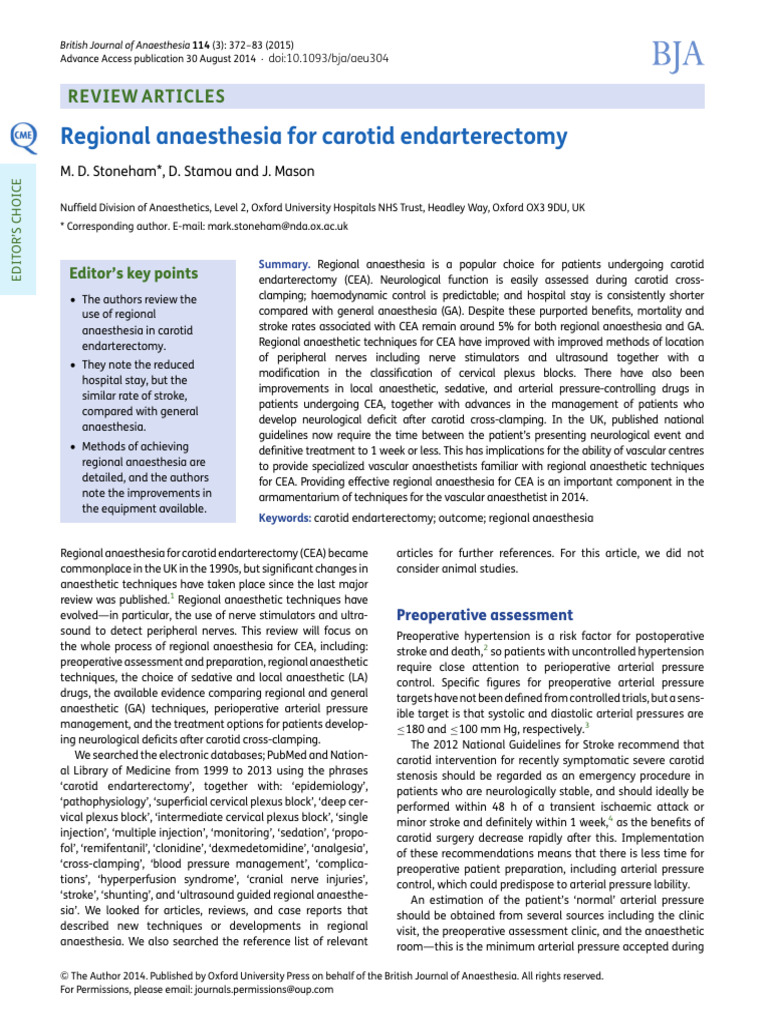 Regional Anaesthesia For Carotid Endarterectomy: Review Articles | PDF ...