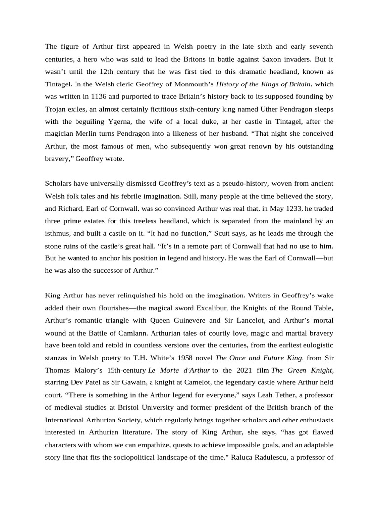 The Figure of Arthur First Appeared in Welsh Poetry in The Late Sixth ...