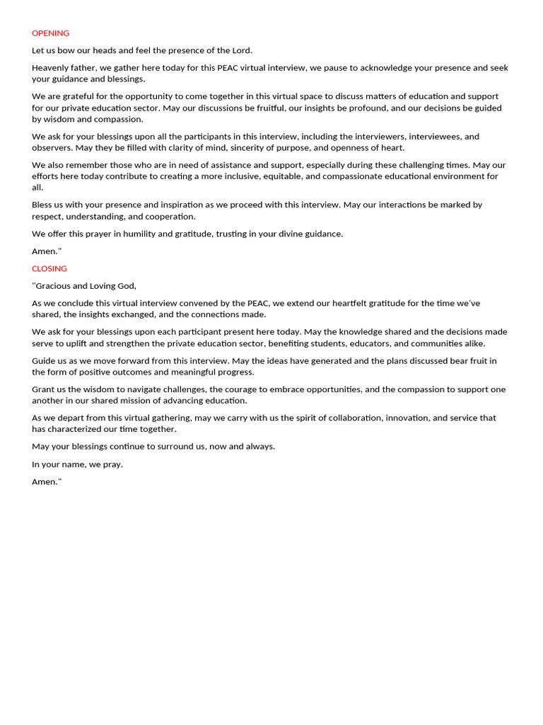 PEAC PRAYER For Virtual | PDF