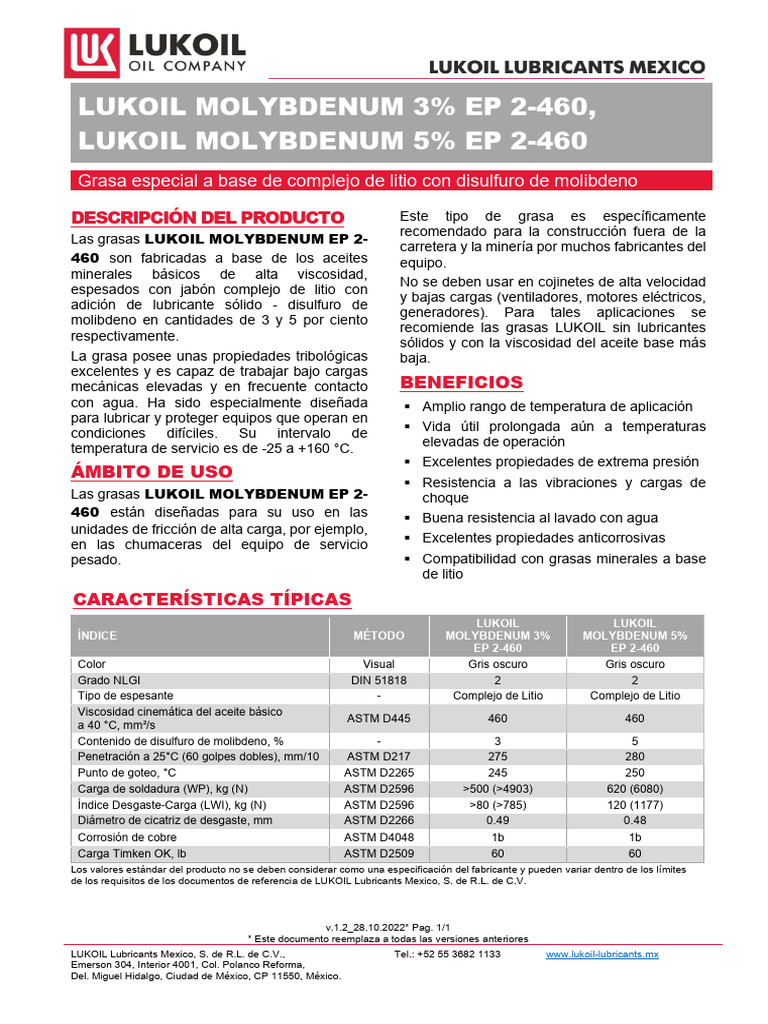 TDS_LUKOIL MOLYBDENUM 3%, 5% EP 2-460 v.1.2_ESP | PDF | Materiales | Ingeniería mecánica