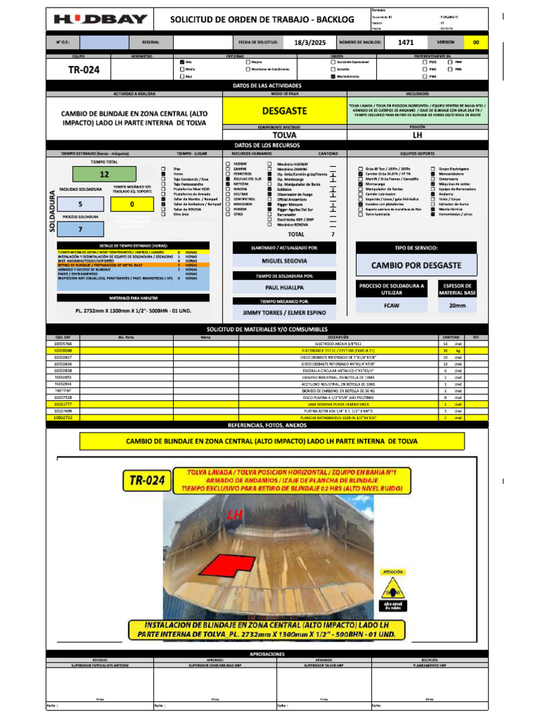1471 - PHL - Cambio de Blindaje en Zona Central (Alto Impacto) Lado LH Parte Interna de Tolva ...