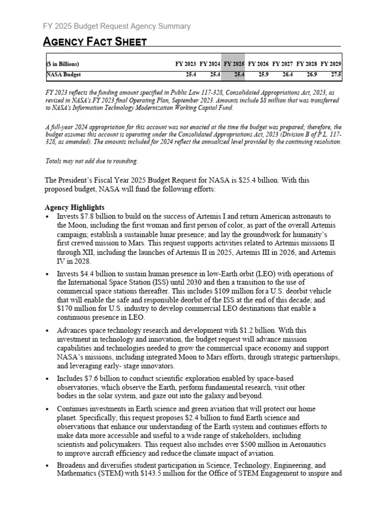 Fy 2025 Agency Fact Sheet Updated | PDF | Nasa | International Space ...