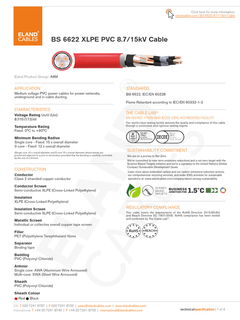 BS 6622 8.7/15kV Cable Specs | PDF | Polyvinyl Chloride | Electrical ...