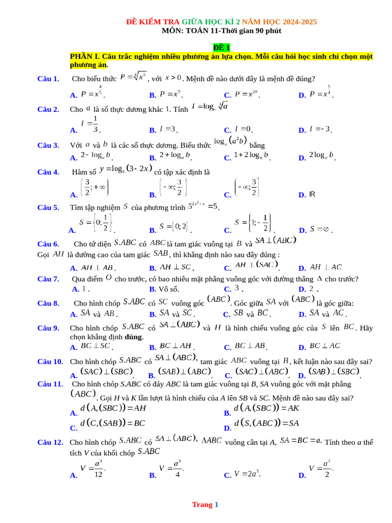 10-de-kiem-tra-giua-Ky-2-Toan-11-CTM-2025 | PDF