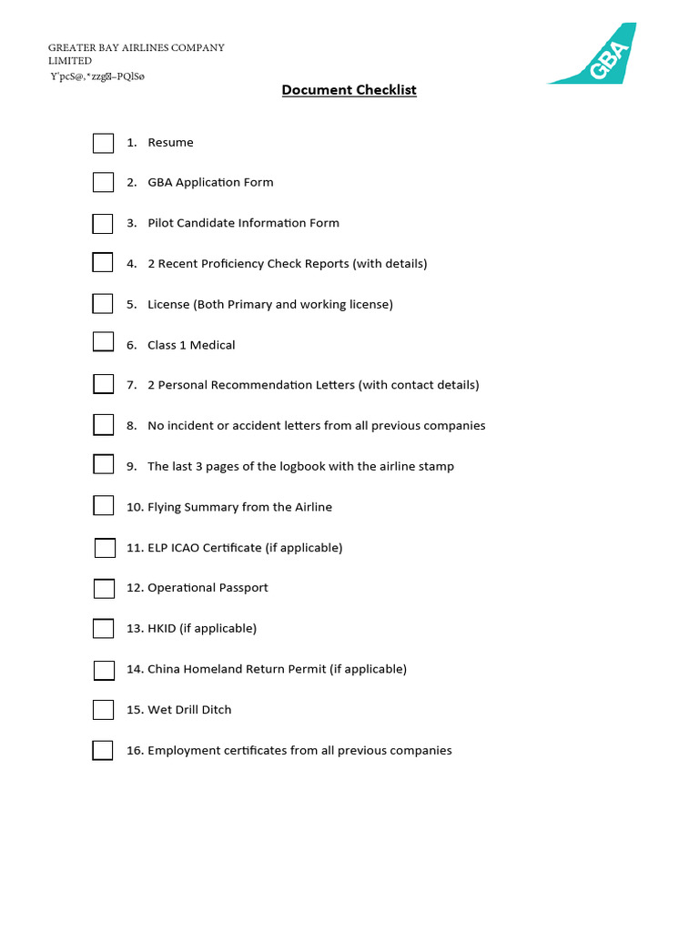 Greater Bay Airlines Pilot Application Checklist | PDF | Aviation