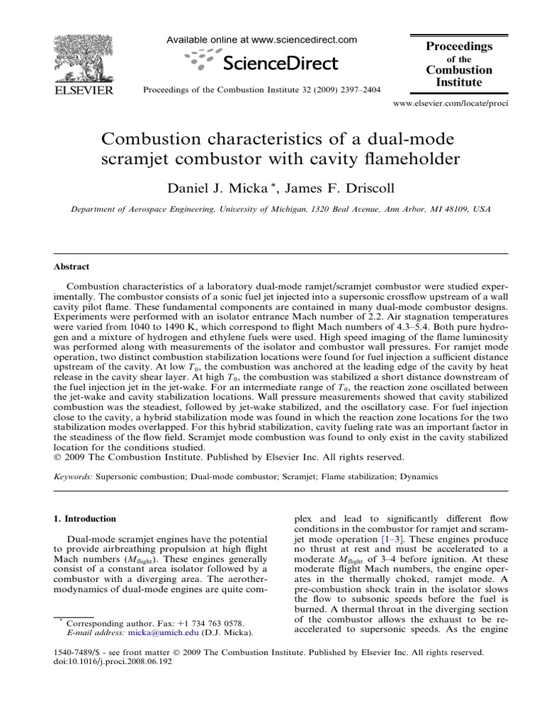 Combustion Characteristics of A Dual Mode Scramjet Combustor With Cavity Flameholder Micka 2009 ...