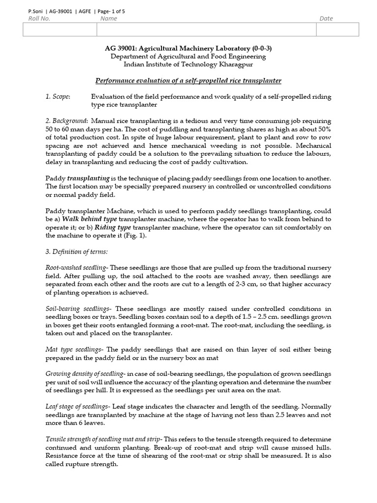 Self-Propelled Rice Transplanter Evaluation | PDF | Plant Nursery | Rice