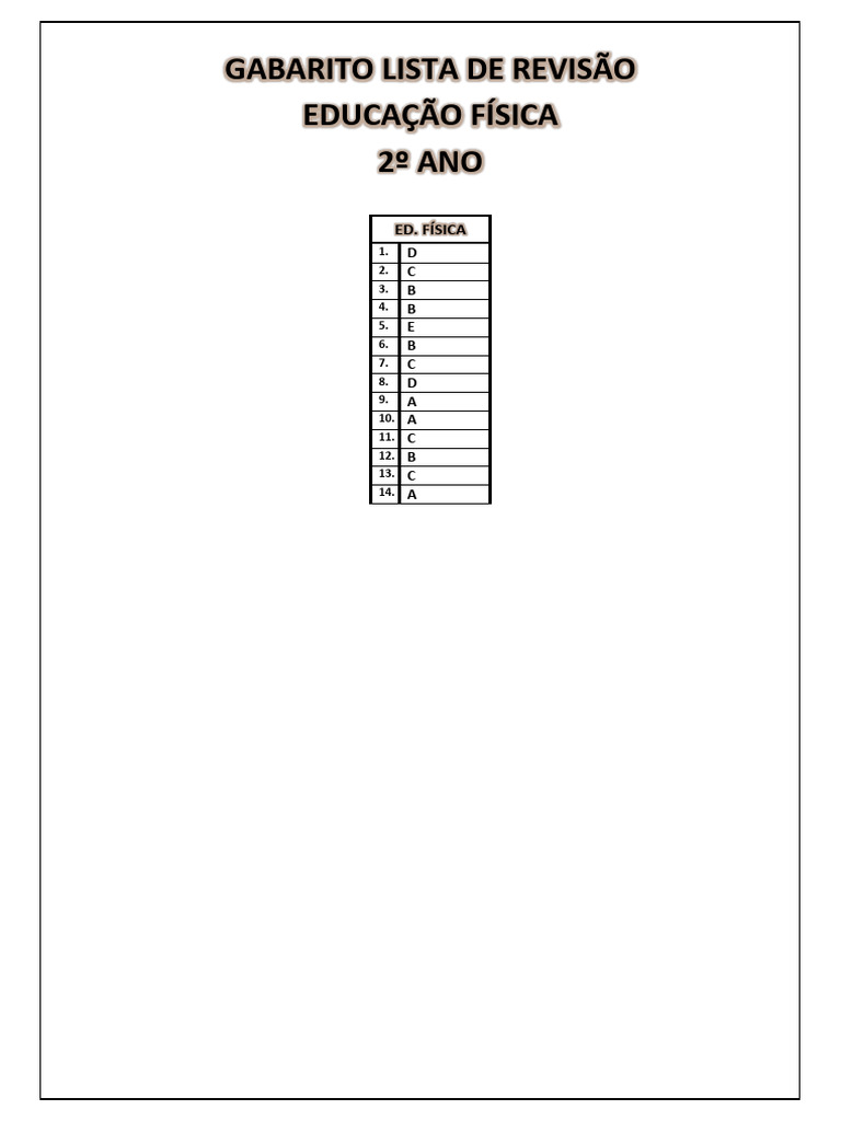 GABARITO - Lista de Exercício Ed. Física - 2º ANO - 1º Bimestre | PDF