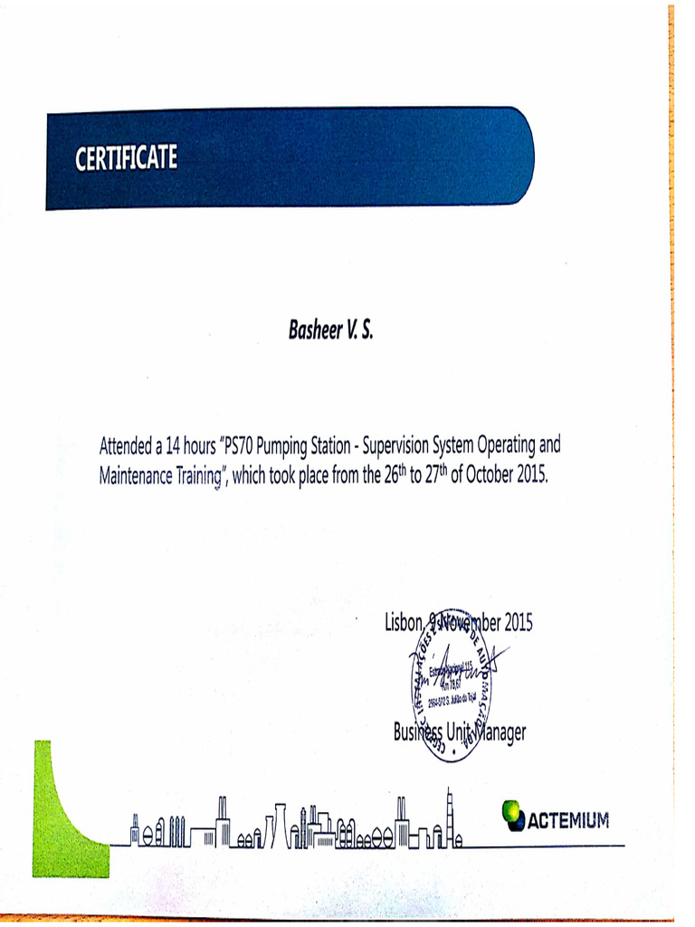 Training Certificate-Ashghal Pumping Stations SCADA - Actemium | PDF