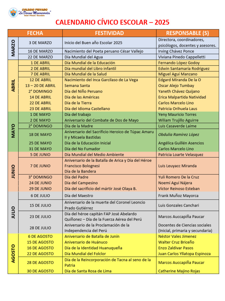 CALENDARIO CÍVICO ESCOLAR y ROL DE FORMACIONES 2025 | PDF | Perú