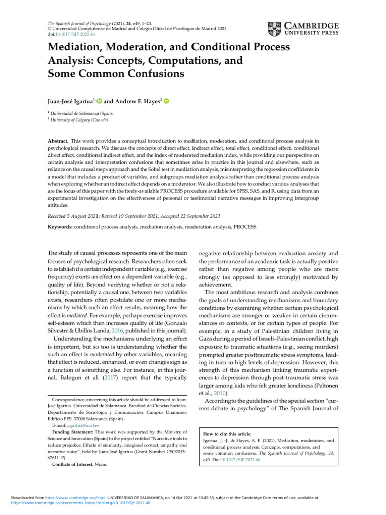 Igartua Hayes TSJP 2021 Mediation Moderation Conditional Process Analysis | PDF | Statistics ...