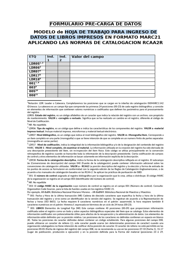 Formulario de precarga MARC21-Hoja de ingreso libros impresos (3) | PDF | Bibliografía | Información