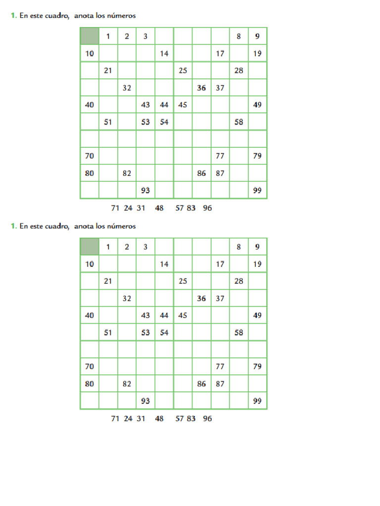 Cuadro Numérico Hasta 99 | PDF