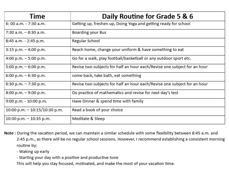 Daily Routine For Grade 5 - 6 | PDF