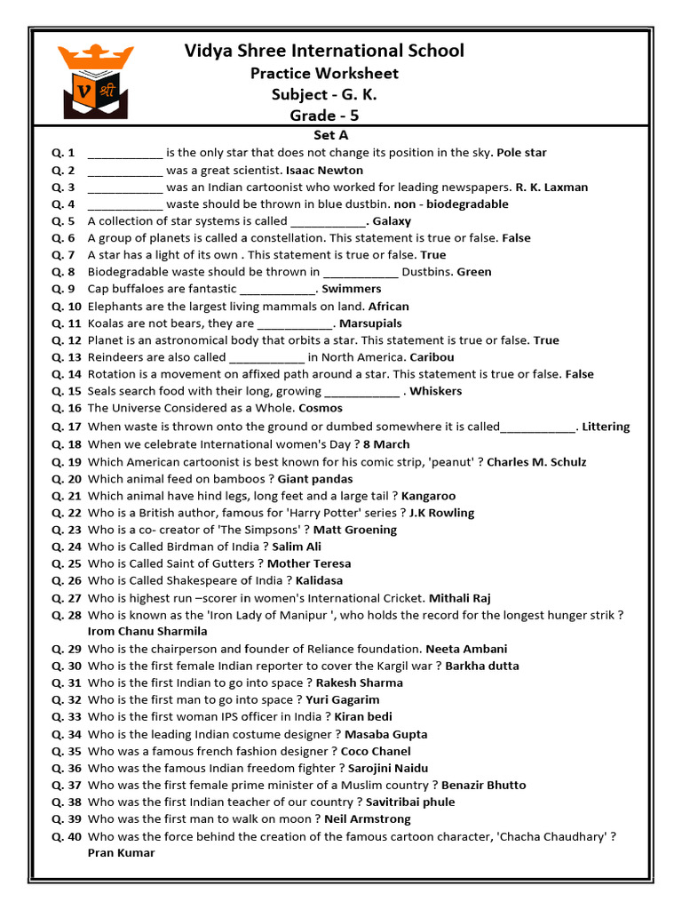 Grade 5 GK. Practice Worksheet - 28.08.2024 | PDF | Stars | Astronomy