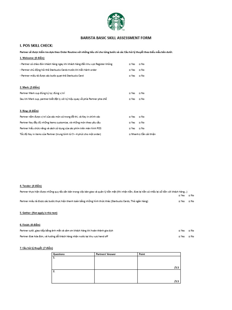 Barista Basic Skill Assessment Form | PDF