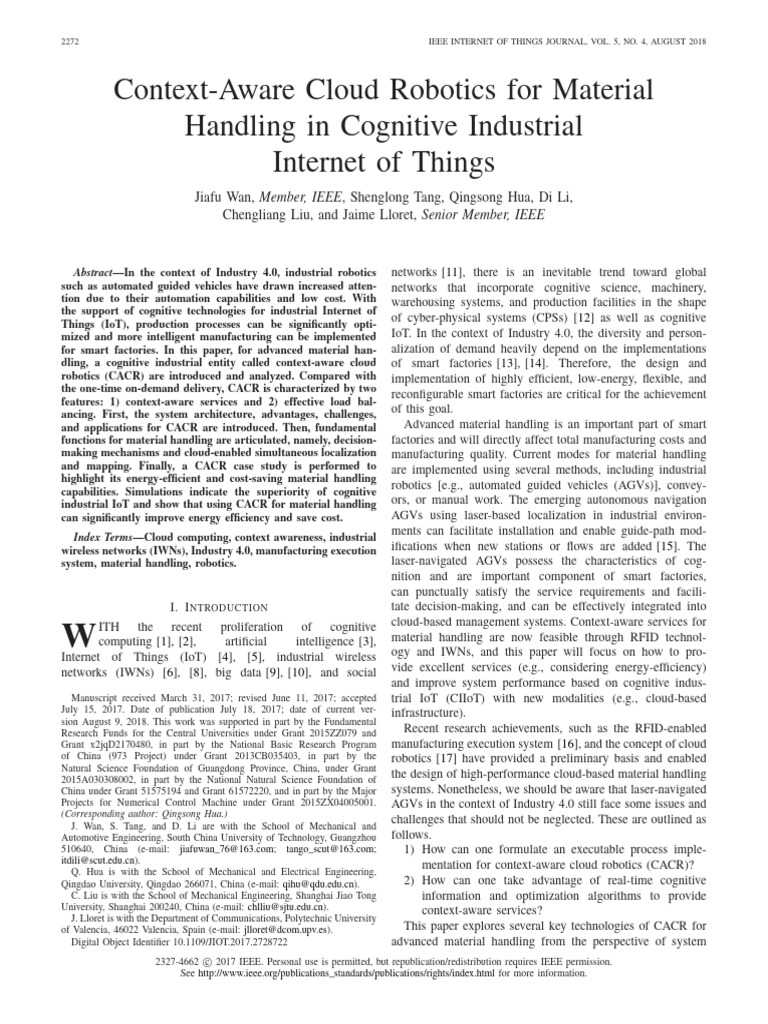 Context-Aware Cloud Robotics For Material Handling in Cognitive Industrial Internet of Things ...